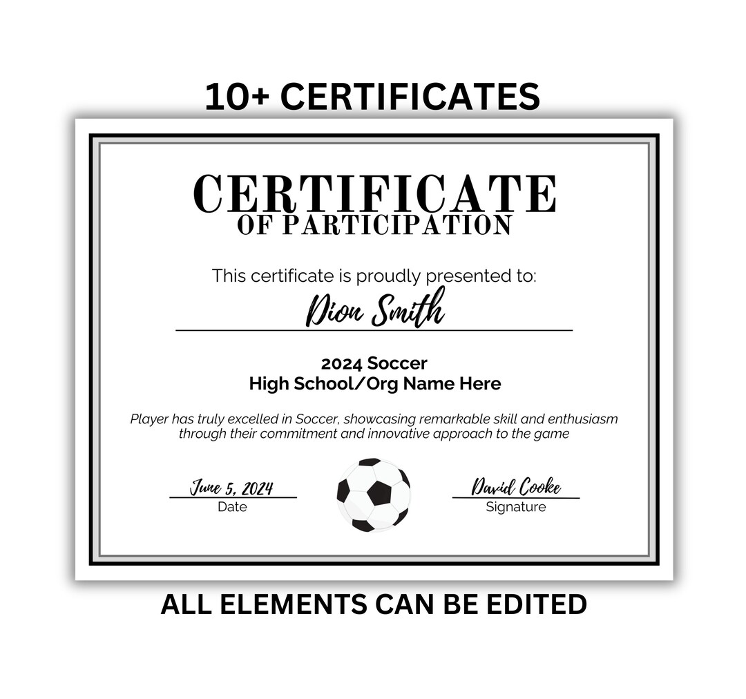 SOCCER Certificate Award Template Set of 10 Fully Editable Template ...