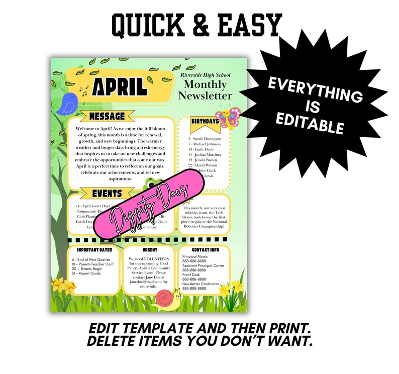 APRIL MONTHLY NEWSLETTER, All Elements Are Editable, Great for Schools ...