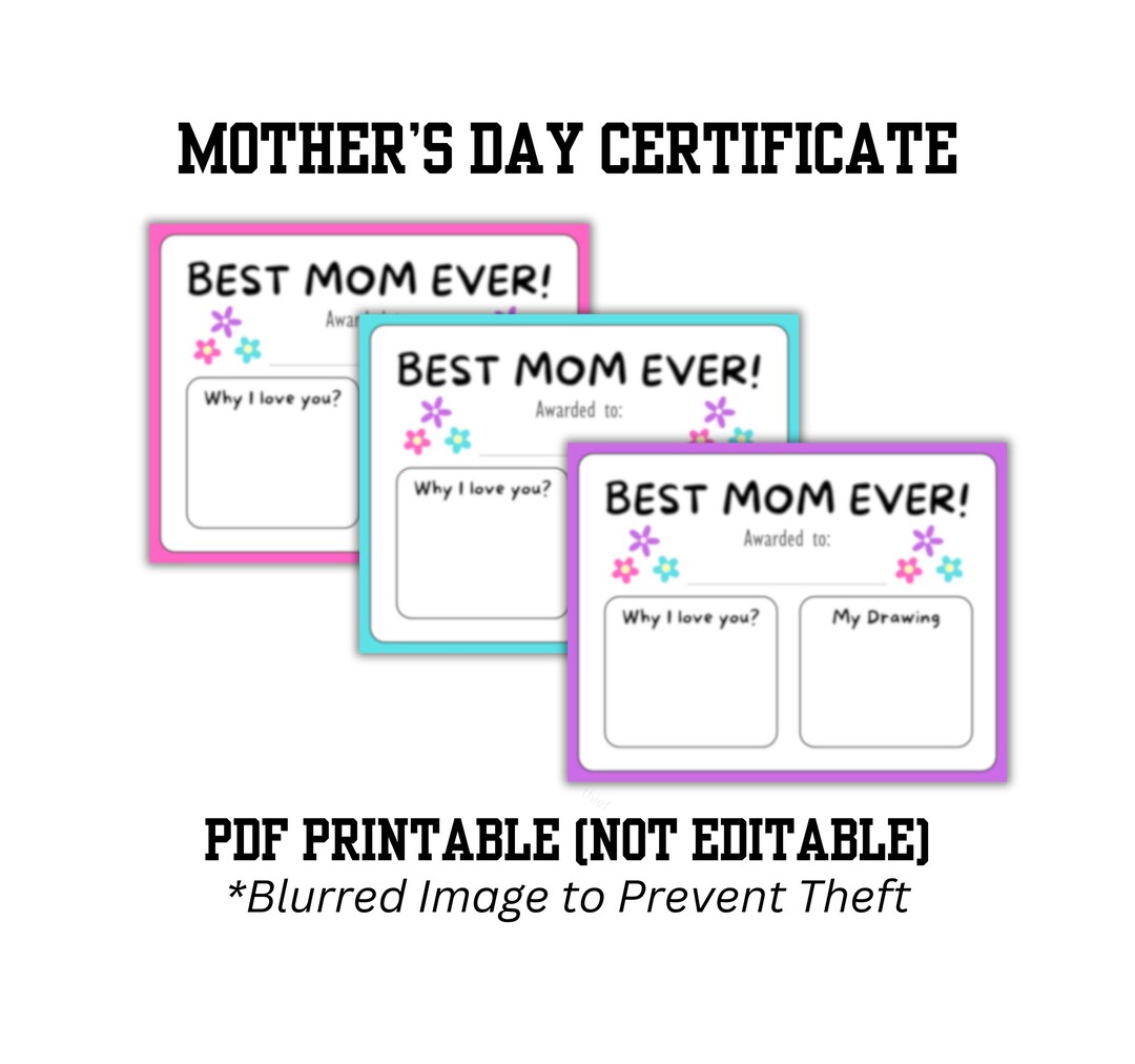Mother's Day Certificate PDF Printable - Print & Fill Out. Perfect Gift ...