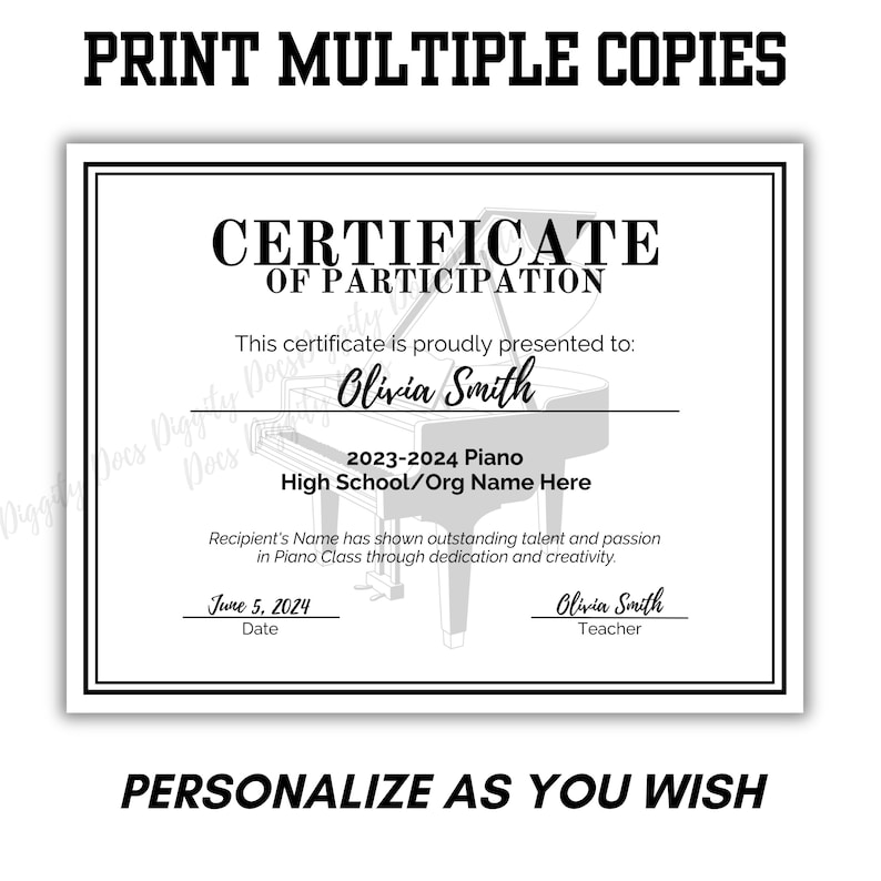 EDITABLE PIANO Participation Certificate | Piano Award | Piano Theory ...