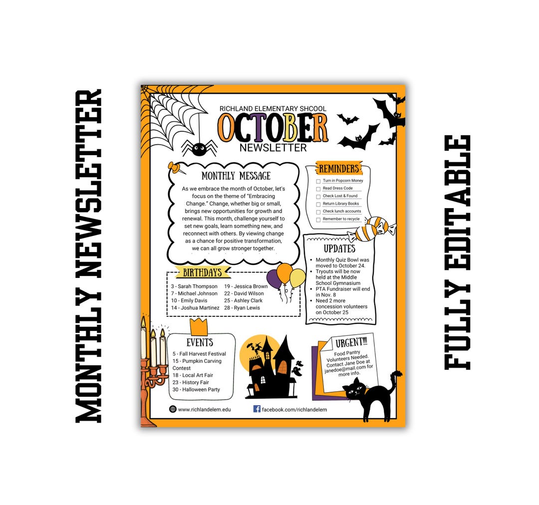OCTOBER MONTHLY NEWSLETTER, All Elements Are Editable, Great for ...