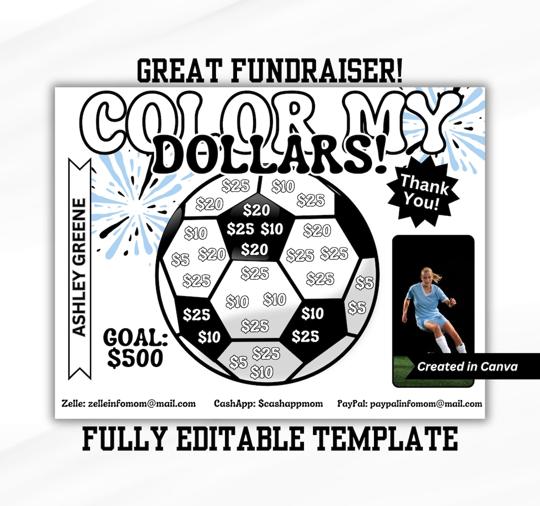 FULLY EDITABLE Color My Dollars, Fundraiser, Printable, AAU Soccer ...