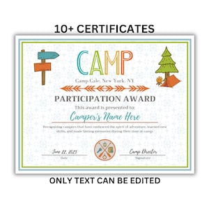 SUMMER CAMP Certificates Personalize and Celebrate Camp Memories ...