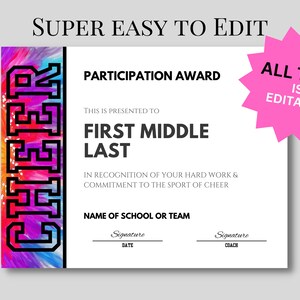 CHEER Award Certificate Templates | MVP Award | Cheer Editable ...