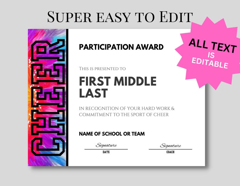 CHEER Award Certificate Templates | MVP Award | Cheer Editable ...