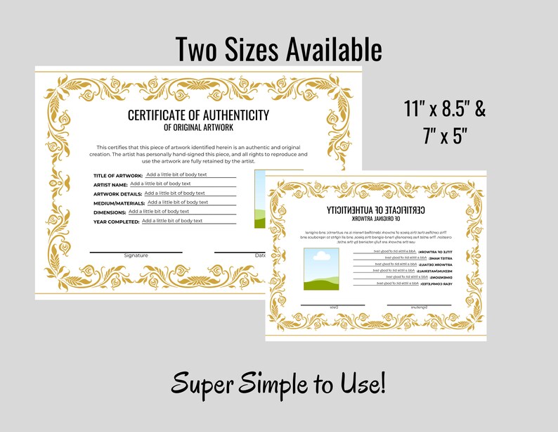 Artwork Certificate of Authenticity Template Digital Download ...