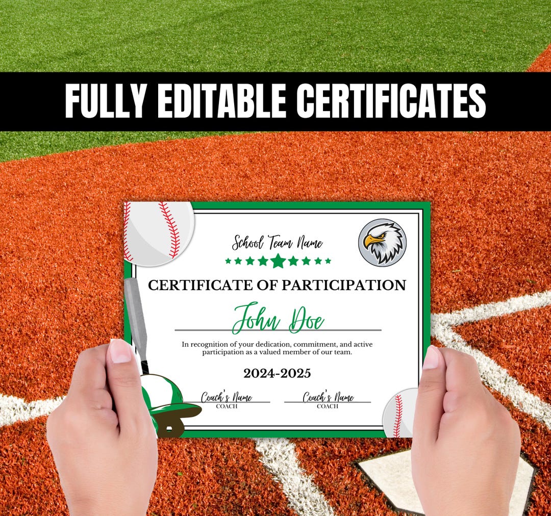 BASEBALL Certificate Award Template - Set of 20 | Fully Editable ...