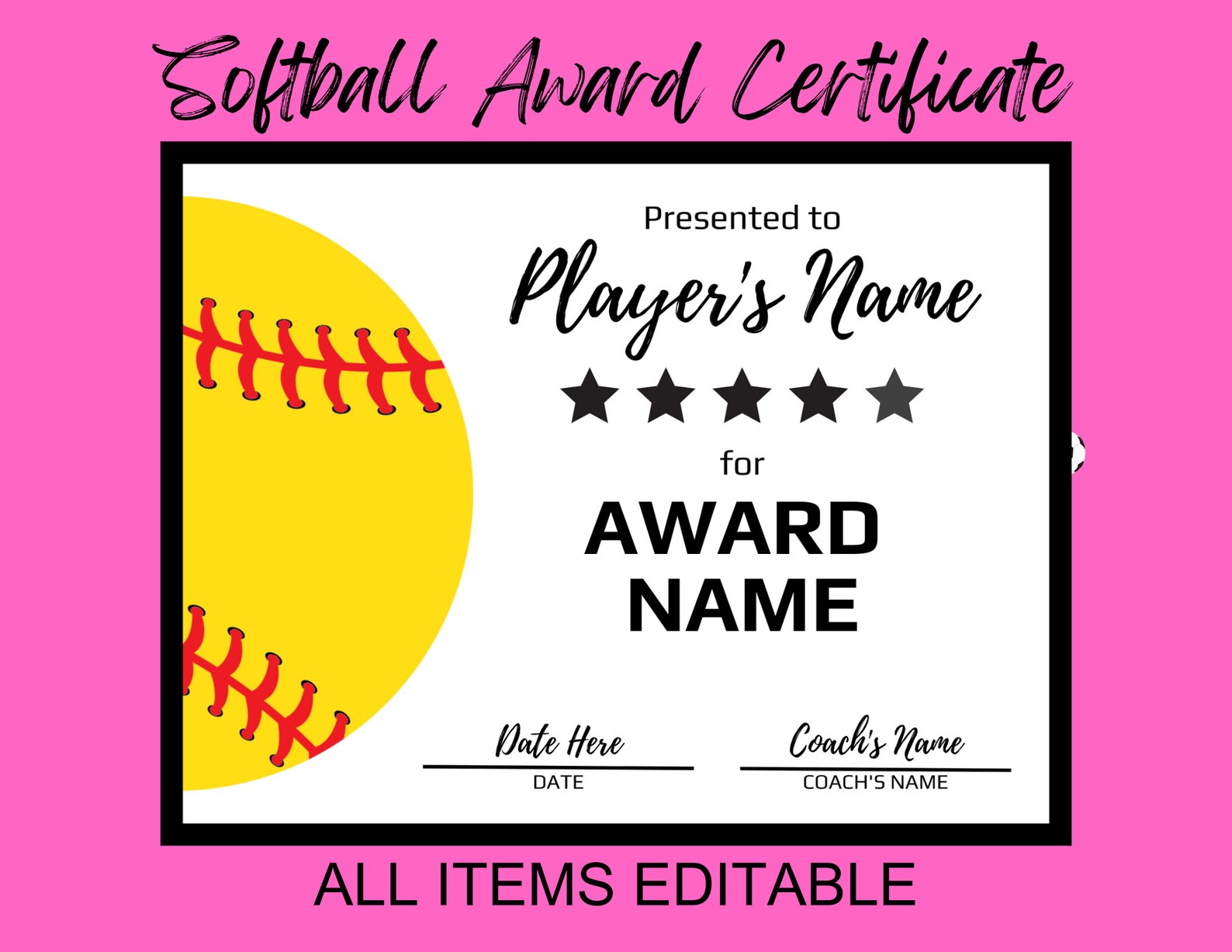 EDITABLE Softball Award Certificates Softball Awards End of Year Awards ...