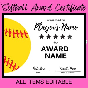 EDITABLE Softball Award Certificates Softball Awards End of Year Awards ...
