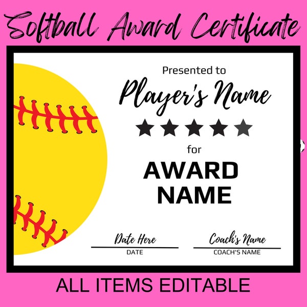 Softball Award Template - Etsy