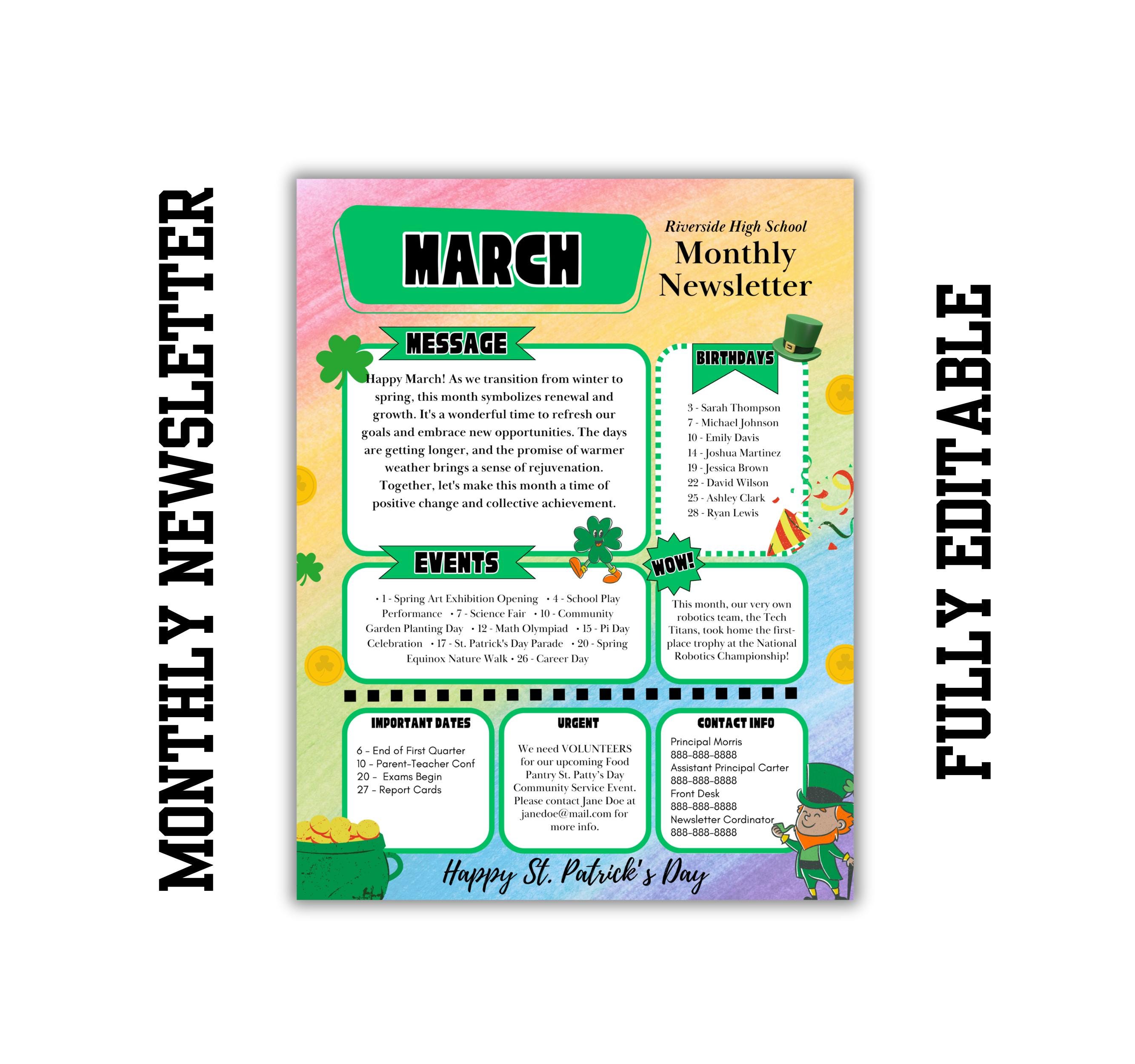 MARCH MONTHLY NEWSLETTER, All Elements Are Editable, Great for Schools ...