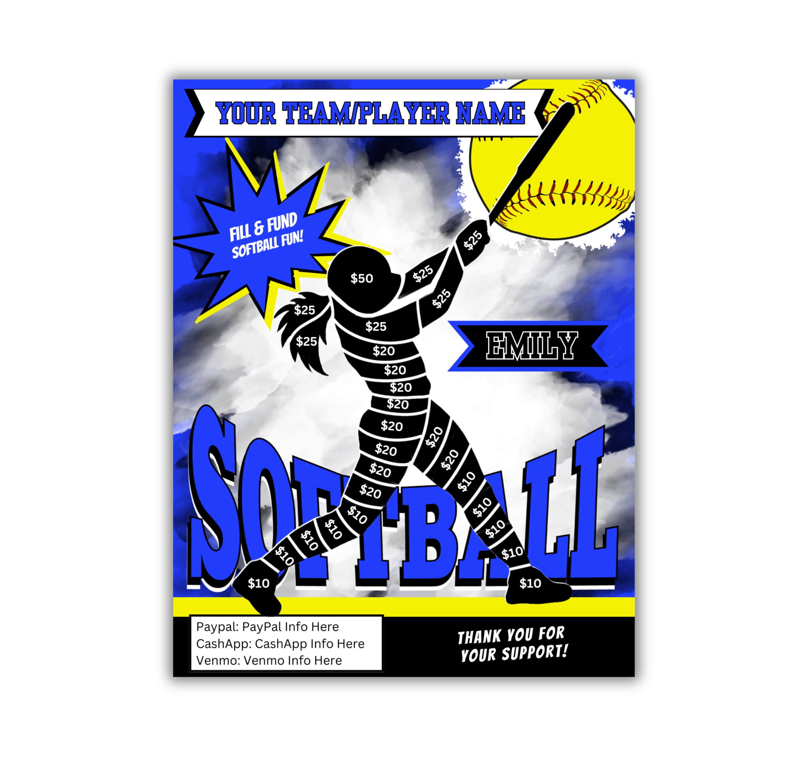 SOFTBALL Fill & Fund Fundraiser Editable Softball Fundraiser Sheet AAU ...