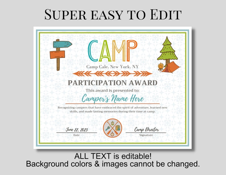 SUMMER CAMP Certificates Personalize and Celebrate Camp Memories ...