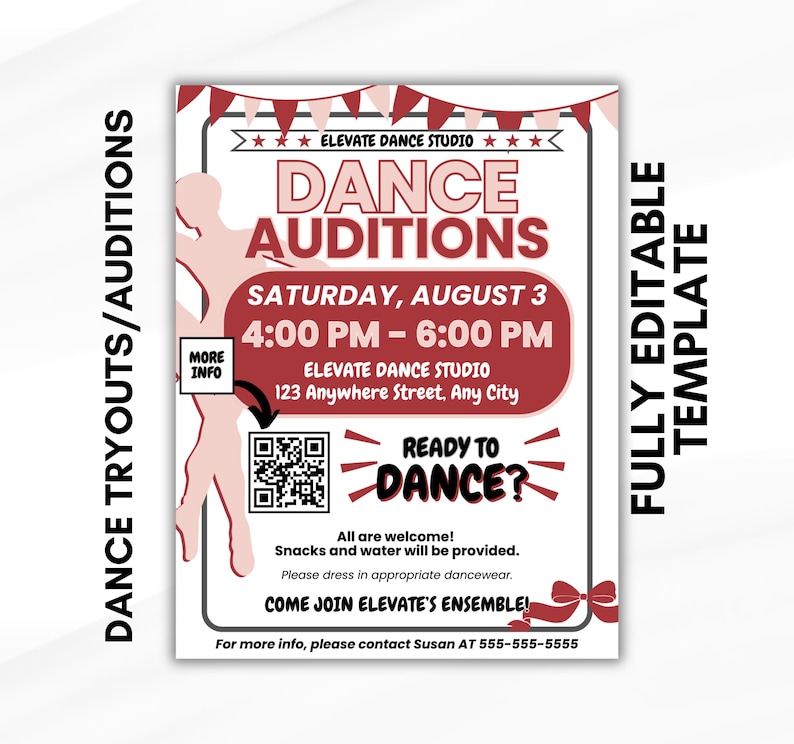 DANCE TRYOUTS, Ballet Auditions, Fully Editable Template, Flyer, Dance ...