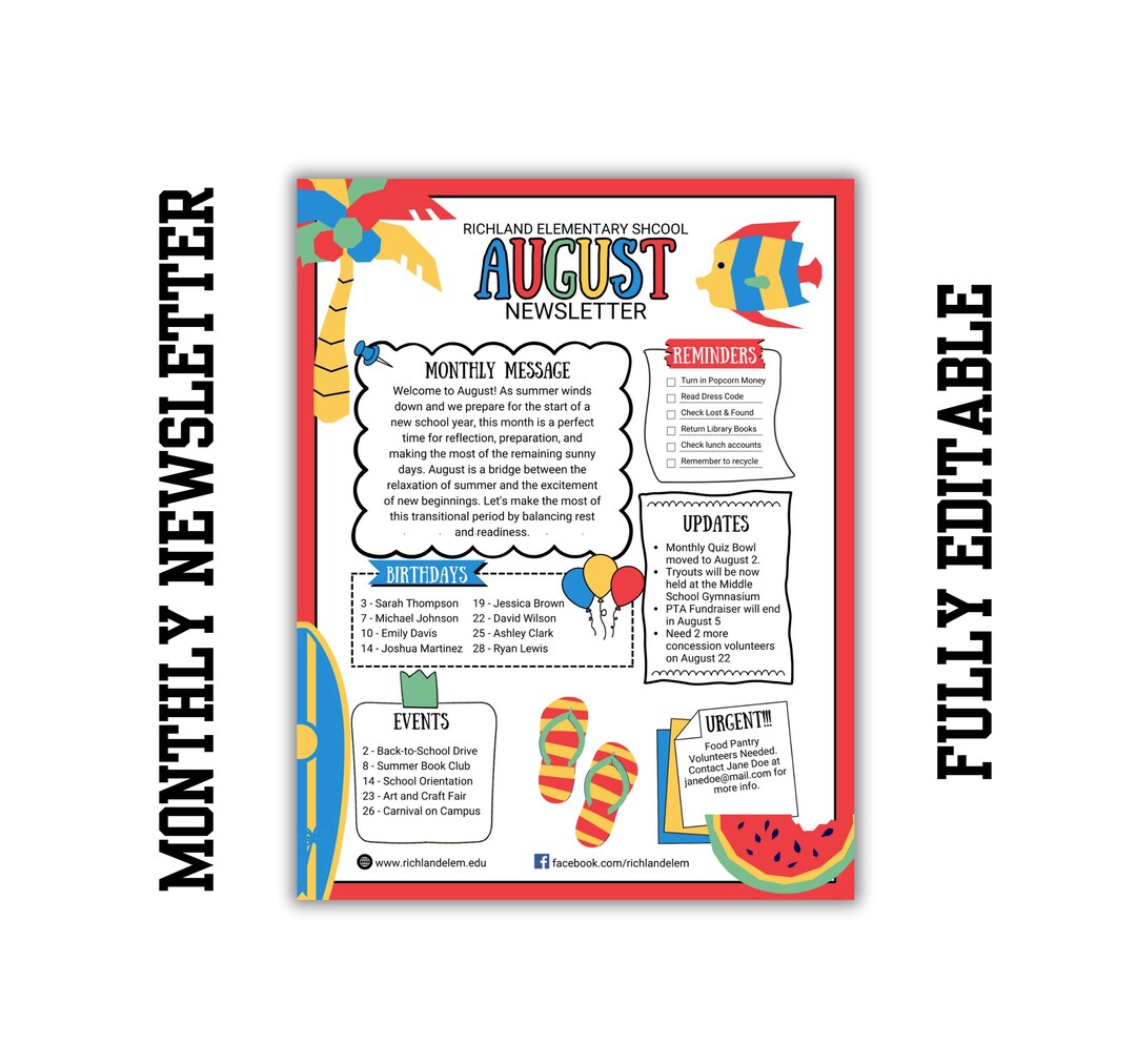 AUGUST MONTHLY NEWSLETTER, All Elements Are Editable, Great for Schools ...