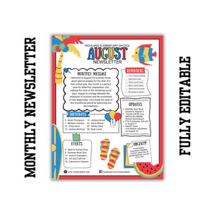 AUGUST MONTHLY NEWSLETTER, All Elements Are Editable, Great for Schools ...