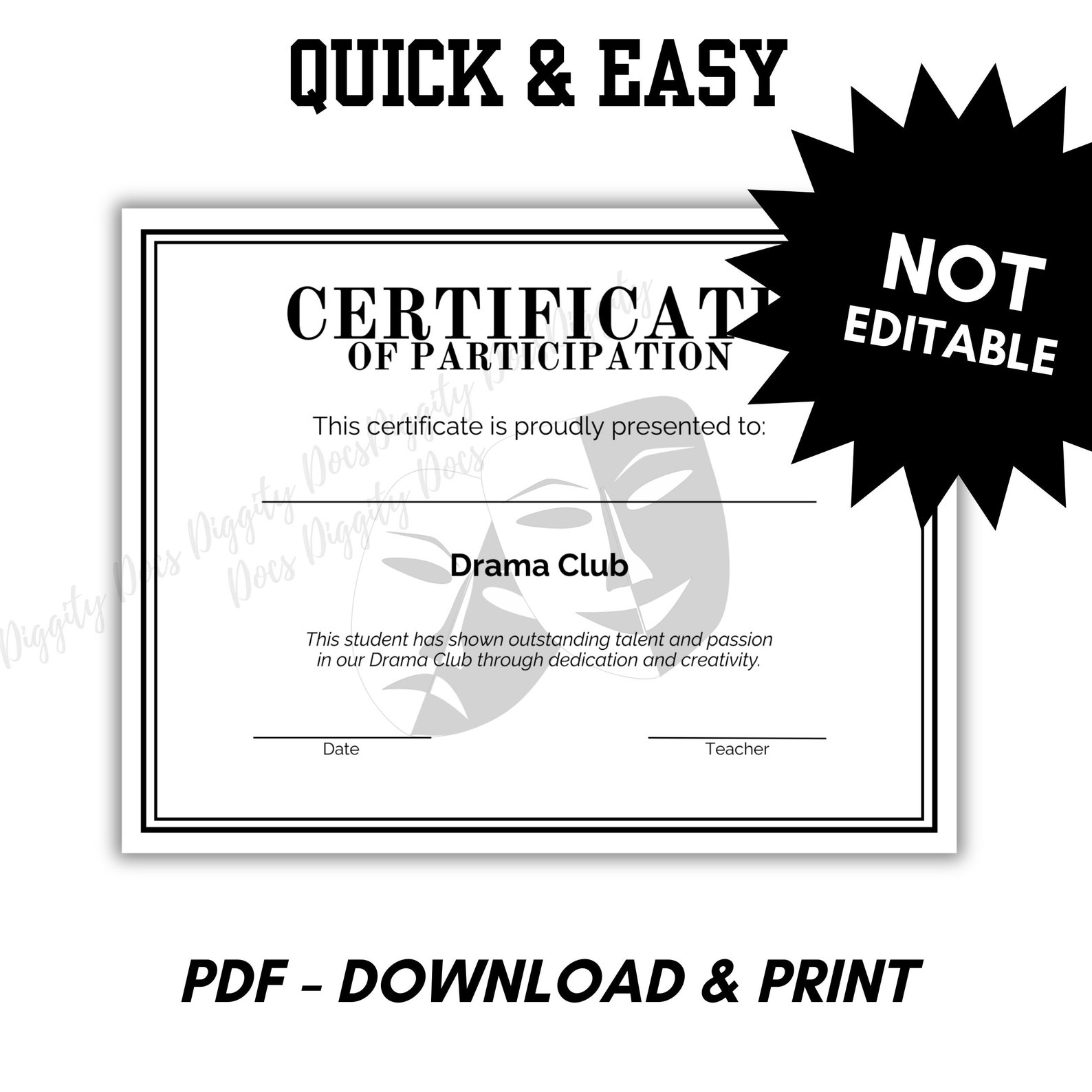PRINTABLE DRAMA CLUB Certificate of Participation| Theater Arts ...