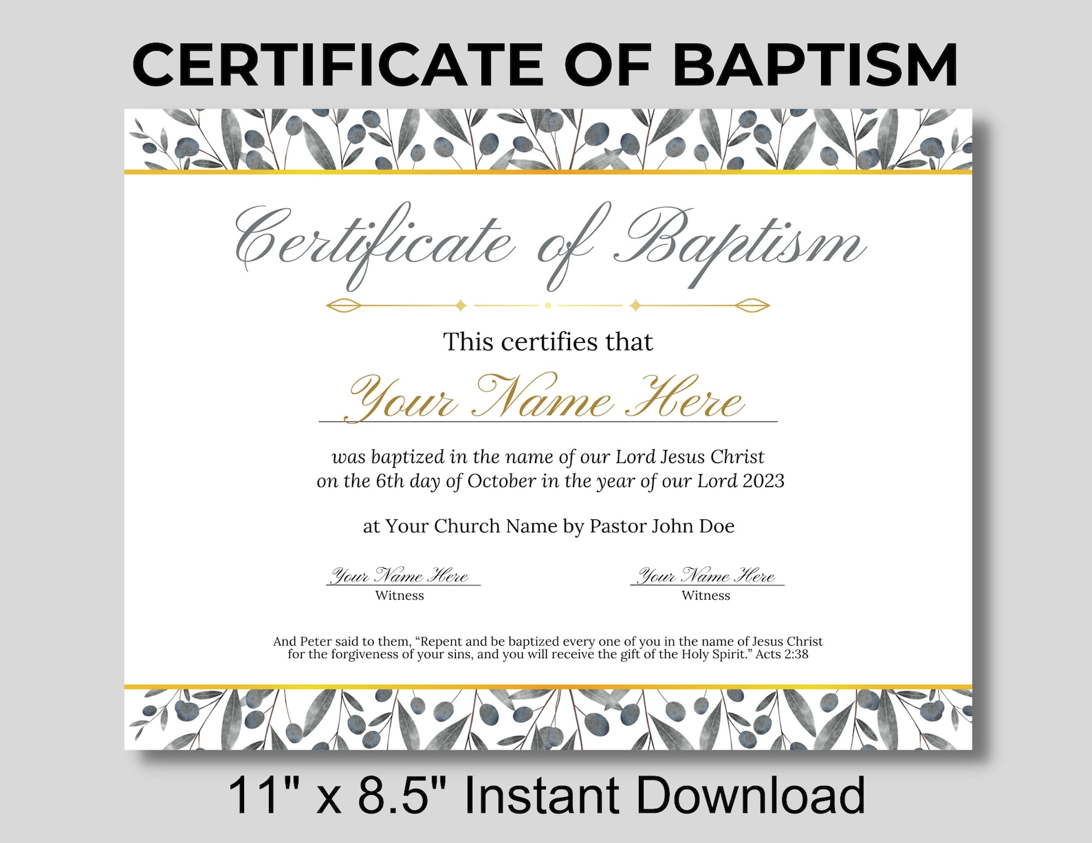 CERTIFICATE of BAPTISM TEMPLATE Customizable| Personalized Baptismal ...