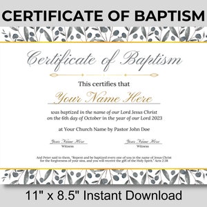 CERTIFICATE of BAPTISM TEMPLATE Customizable| Personalized Baptismal ...