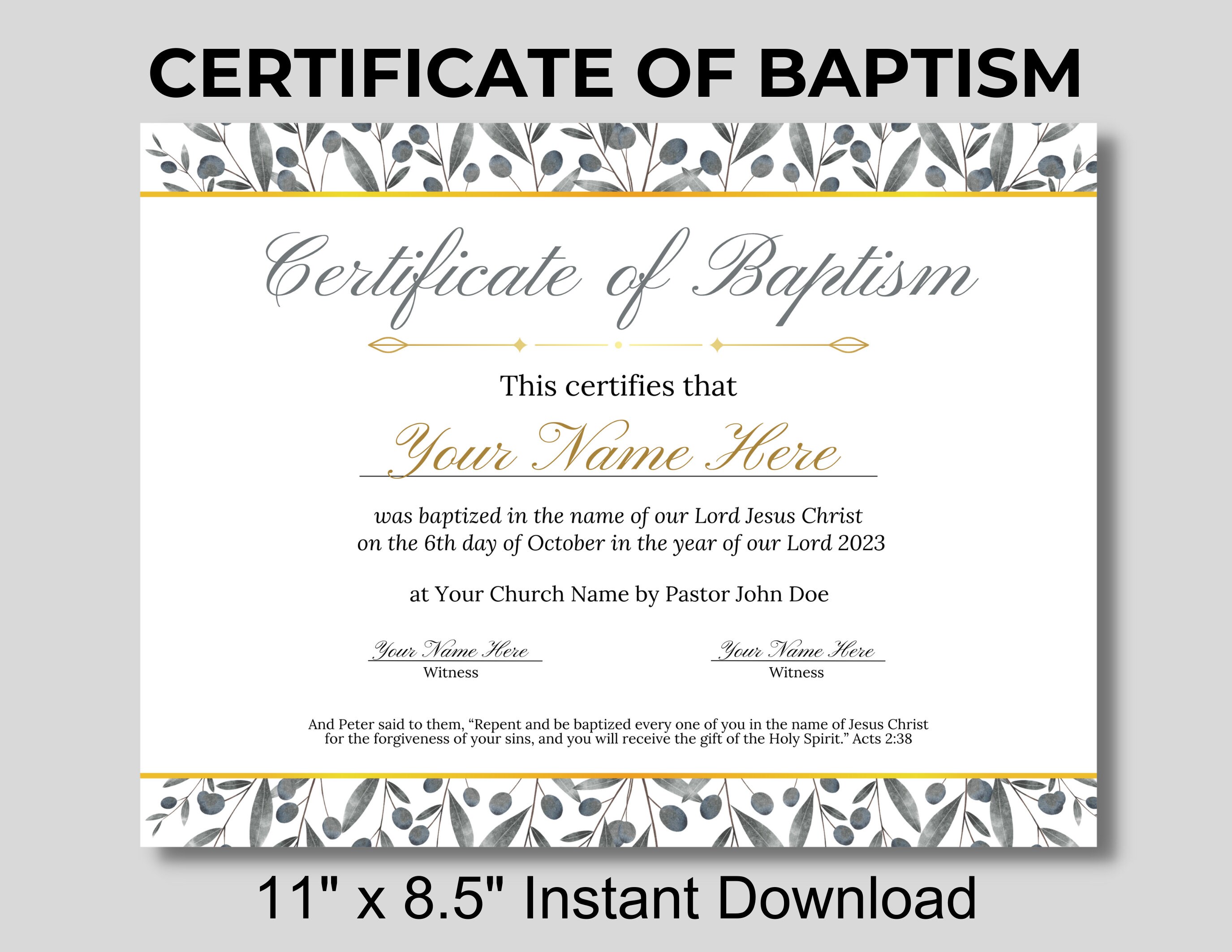CERTIFICATE of BAPTISM TEMPLATE Customizable Personalized Baptismal ...