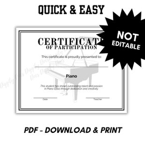 PRINTABLE PIANO Participation Certificate | Piano Award | Piano Theory ...