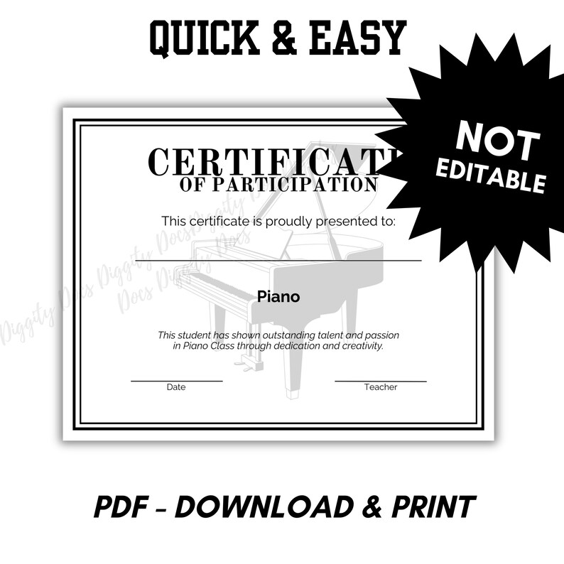 PRINTABLE PIANO Participation Certificate | Piano Award | Piano Theory ...