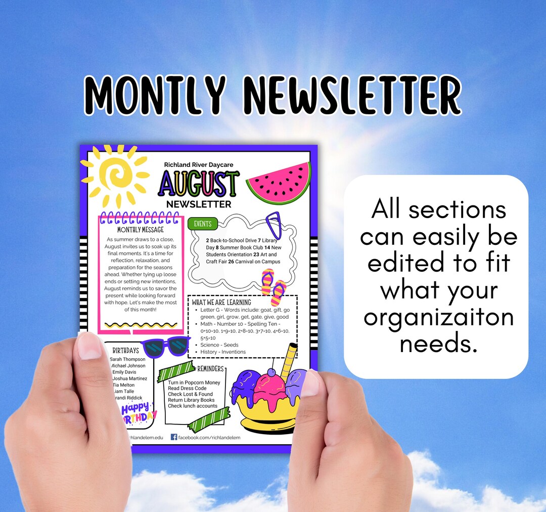 AUGUST MONTHLY NEWSLETTER, All Elements Are Editable, Great for Schools ...