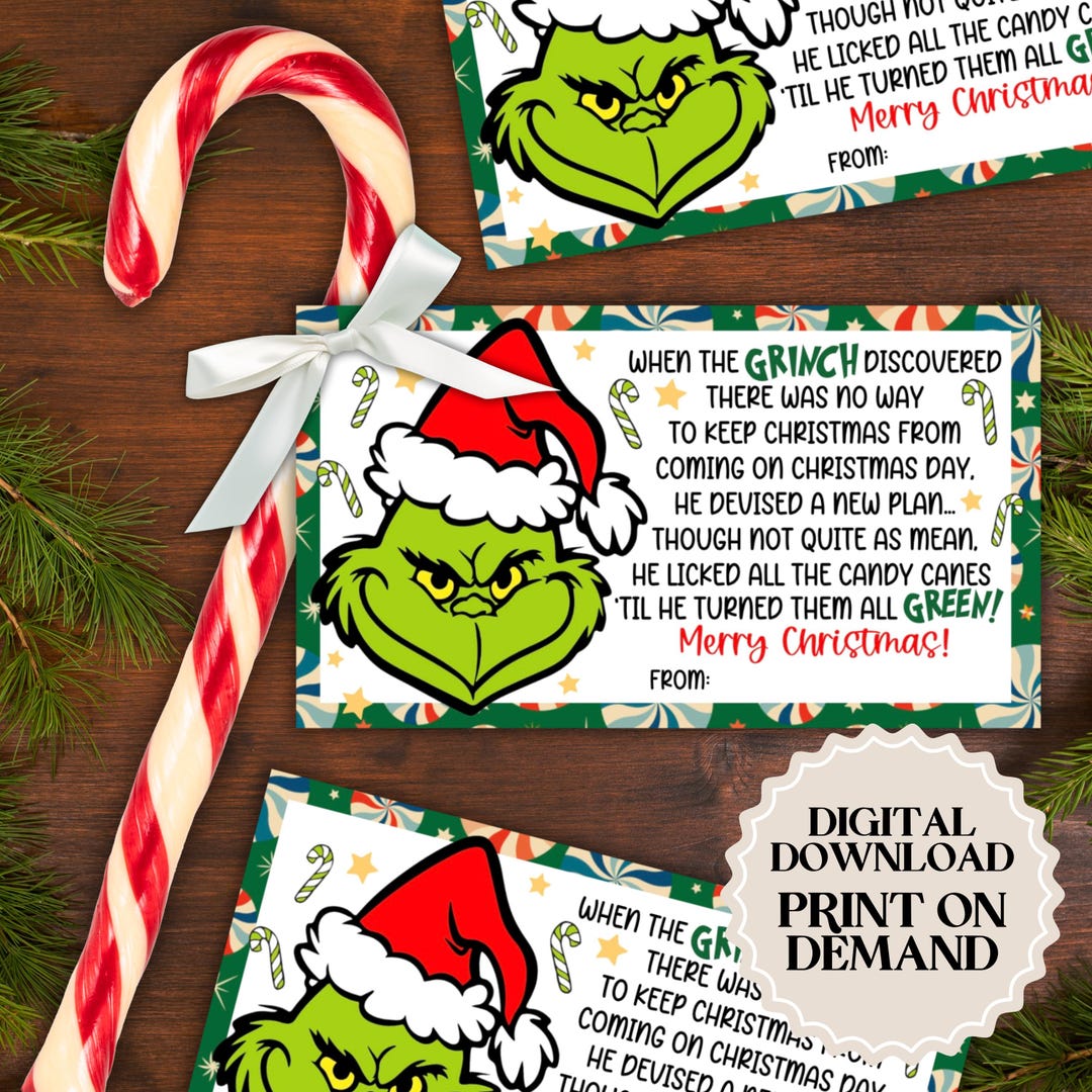 Candy Cane Grinch Inspired Christmas Gift Tags | Printable PDF - Etsy