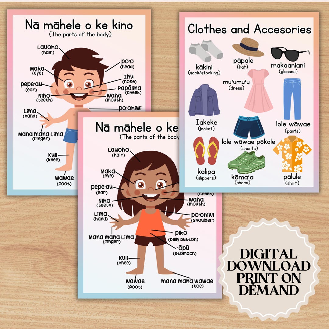 Hawaiian Language Body Parts & Clothes Posters | Printable PDF - Etsy