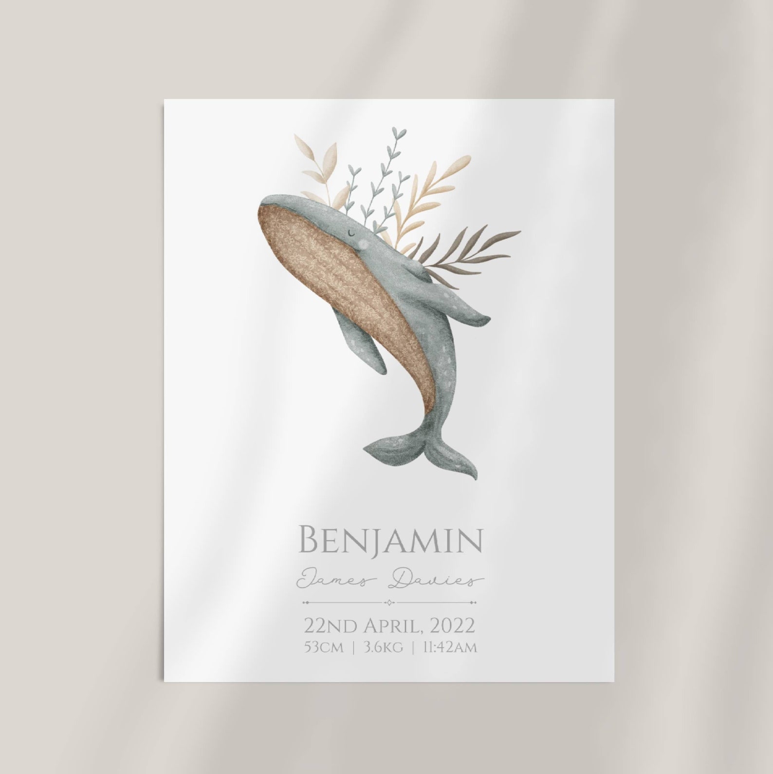 Customisable Birth Print, Boho Whale Birth Print, Ocean Theme Nursery ...