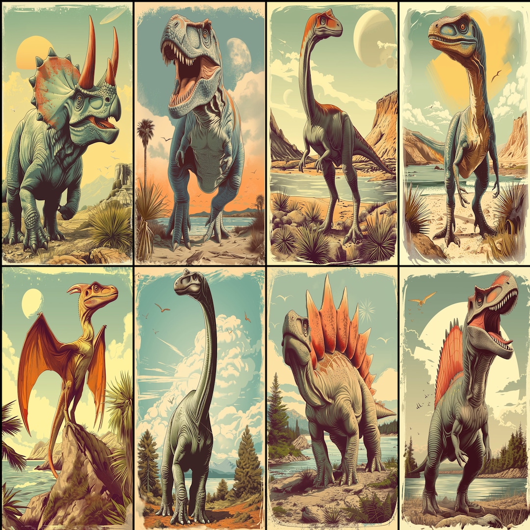 8 PCS Vintage Dinosaurs Poster Pack, Printable up to A1 Size, Perfect ...