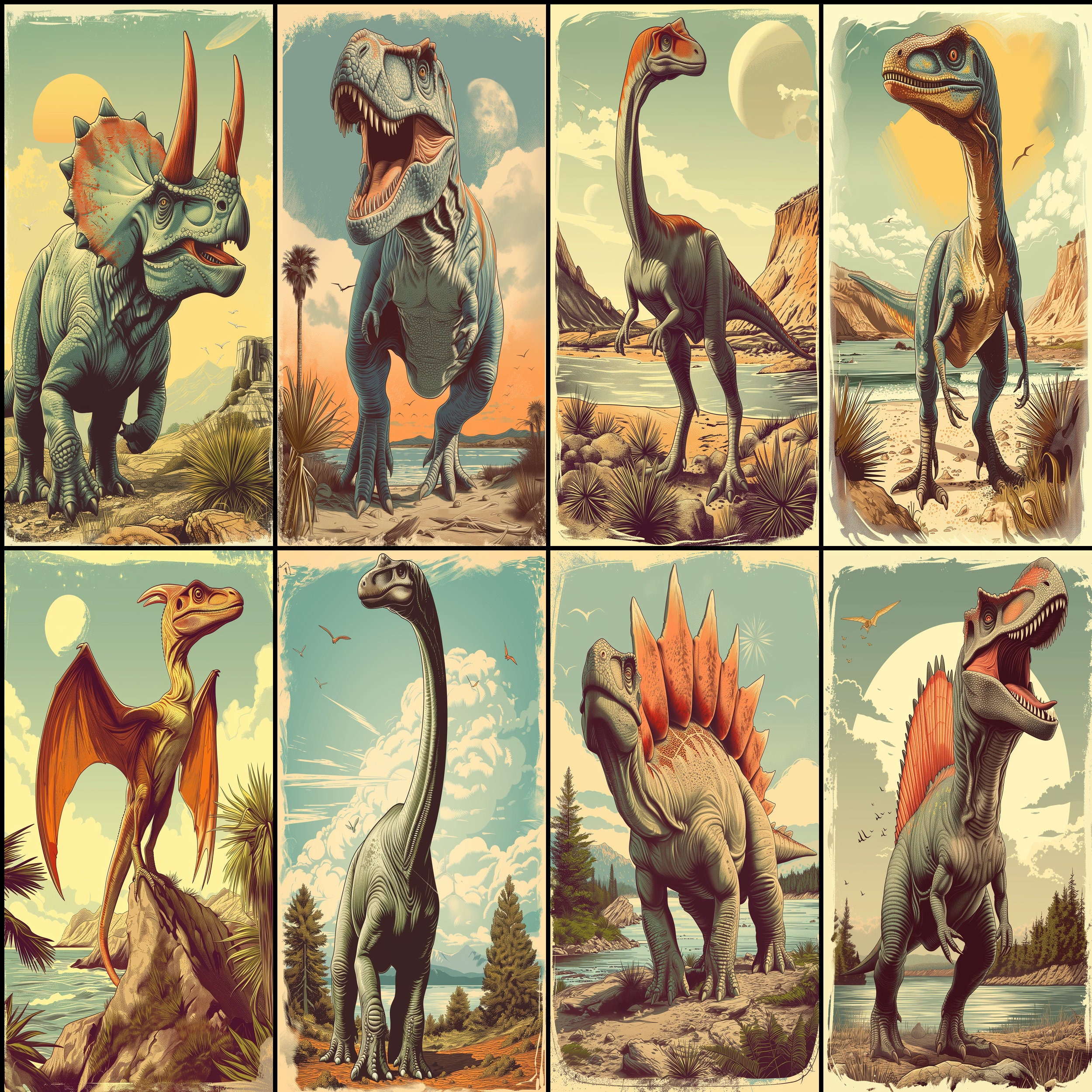 8 PCS Vintage Dinosaurs Poster Pack, Printable up to A1 Size, Perfect for Kids Room, Digital Art ...