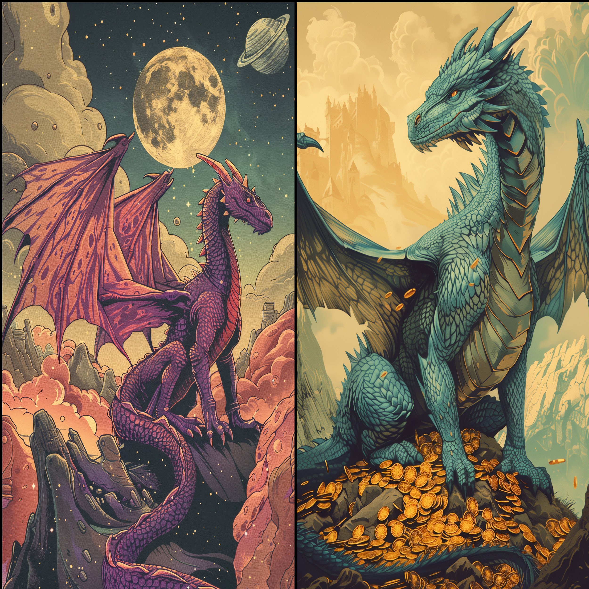 8 PCS Vintage Dragons Poster Pack, Printable up to A1 Size, Perfect to ...