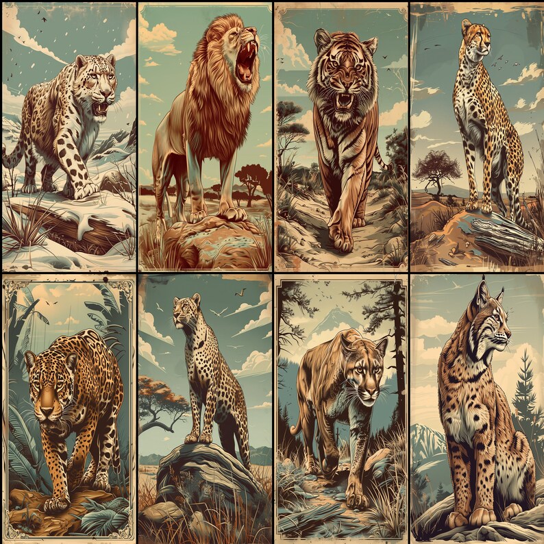 8 PCS Vintage Big Cats Poster Pack, Printable up to A1 Size, Perfect ...