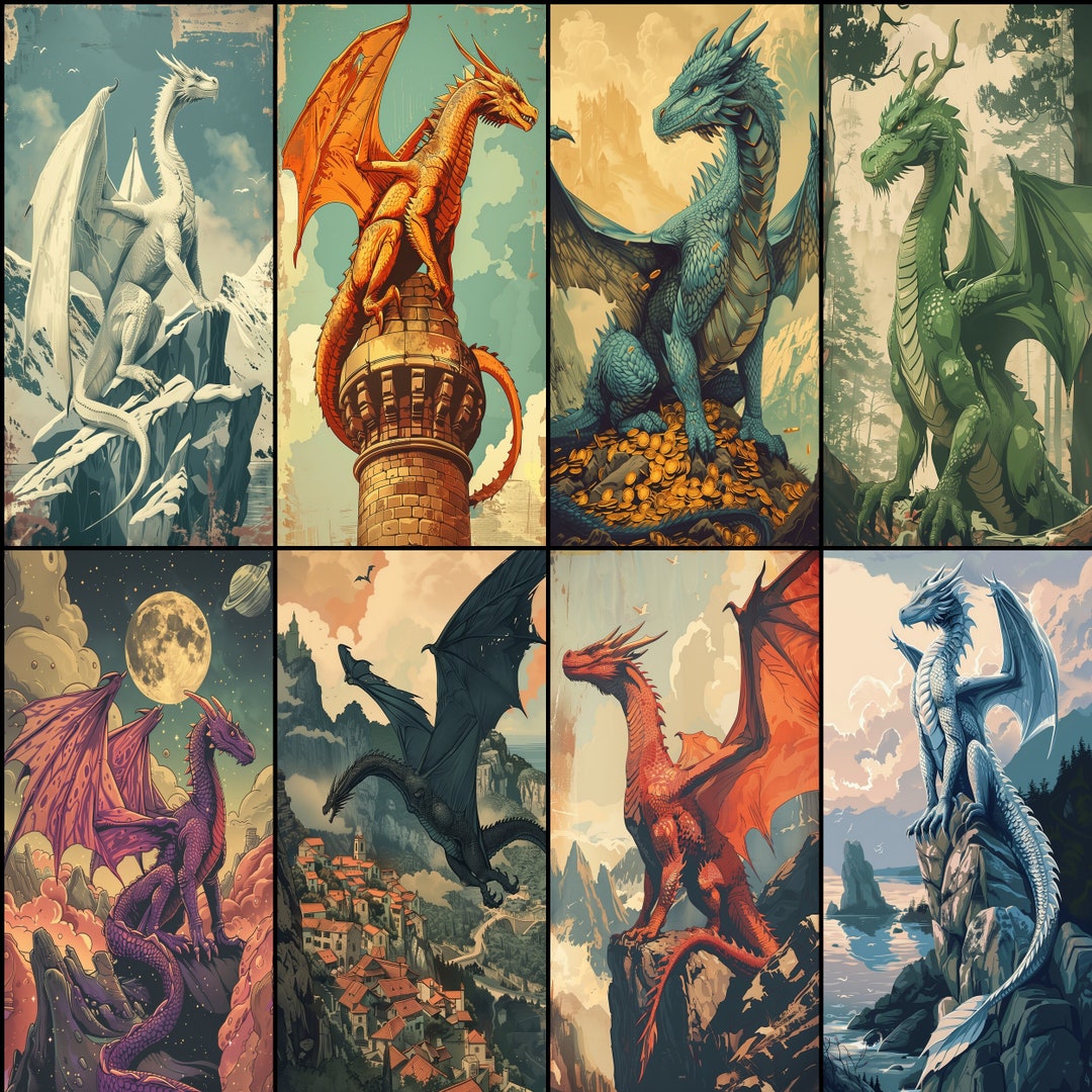 8 PCS Vintage Dragons Poster Pack, Printable up to A1 Size, Perfect to ...