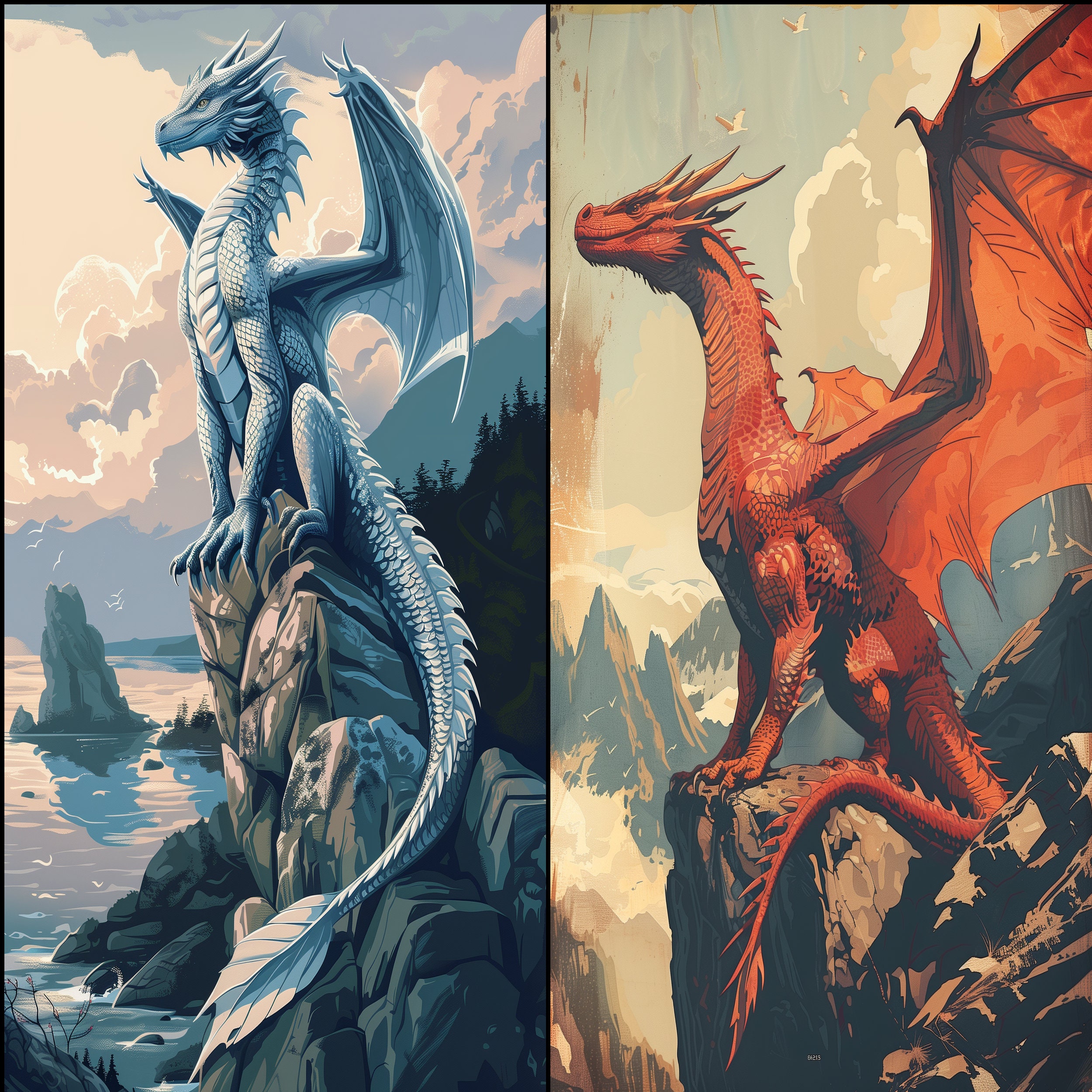 8 PCS Vintage Dragons Poster Pack, Printable up to A1 Size, Perfect to ...