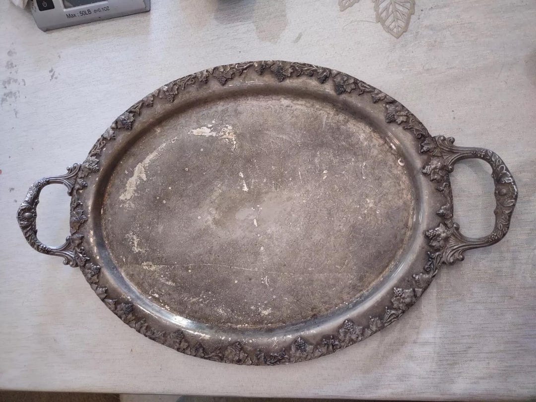 Antique Silver on Copper Handled Tray With Grape Vine Border 20"x12.5 ...
