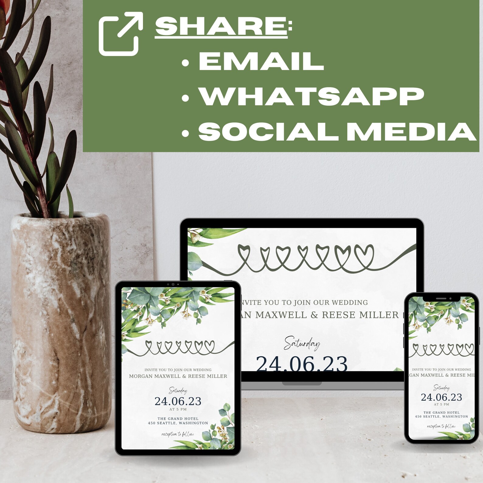WEDDING INVITATION TEMPLATE Download Green Leaves Smartphone Evite Sms ...