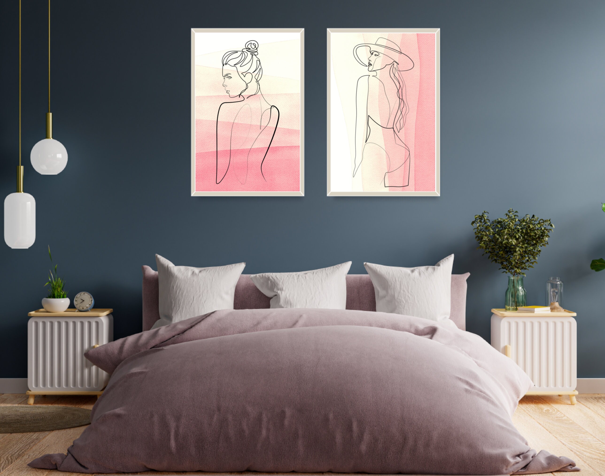 Female Line Art, Woman Line Art, One Line Art, 2 Piece Art Set, Line ...