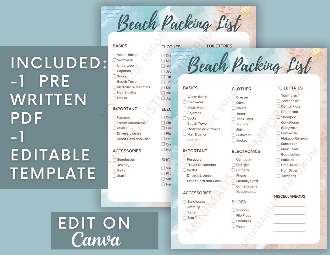 BEACH PACKING LIST, Vacation Packing List, Editable Template, Travel ...