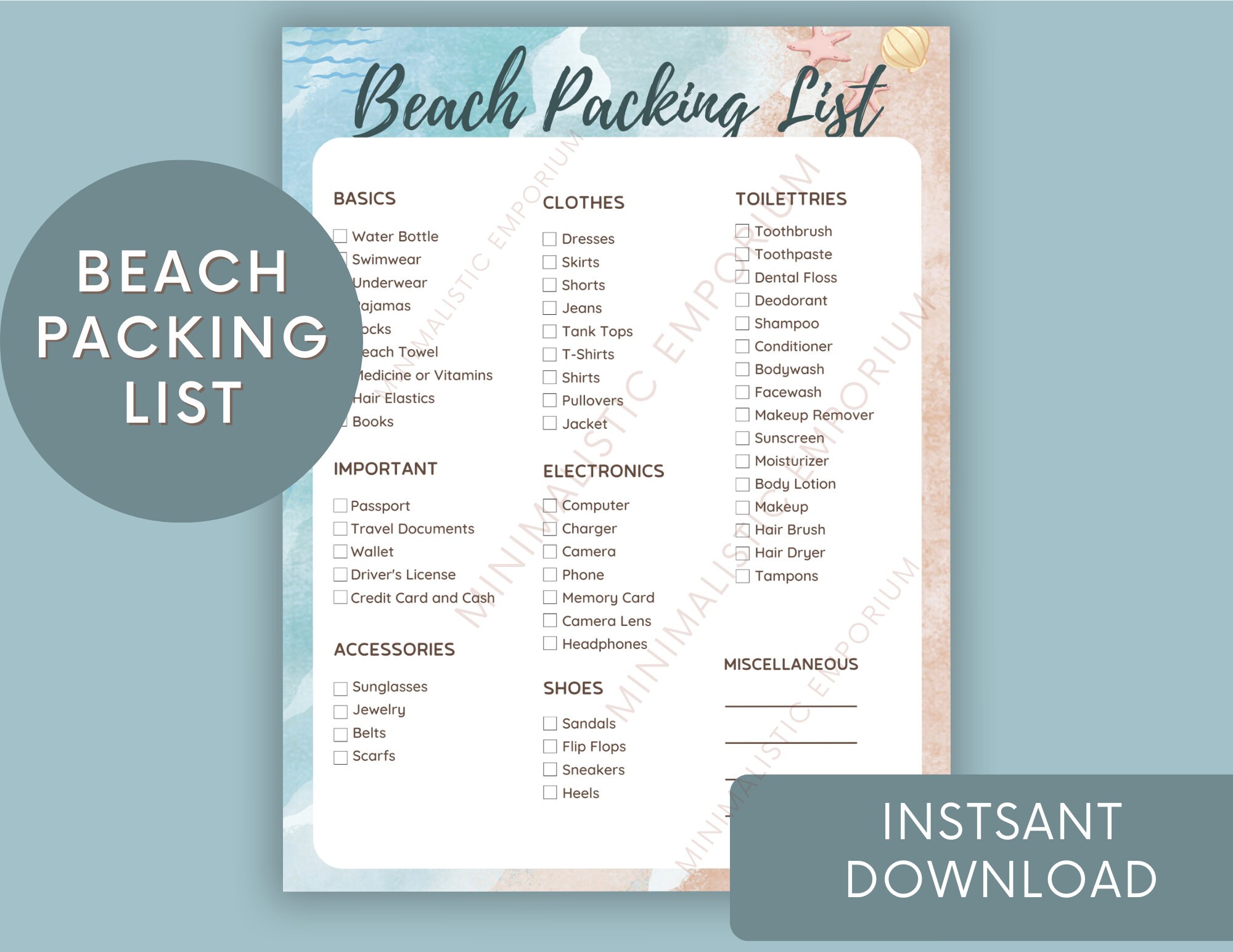 BEACH PACKING LIST, Vacation Packing List, Editable Template, Travel ...