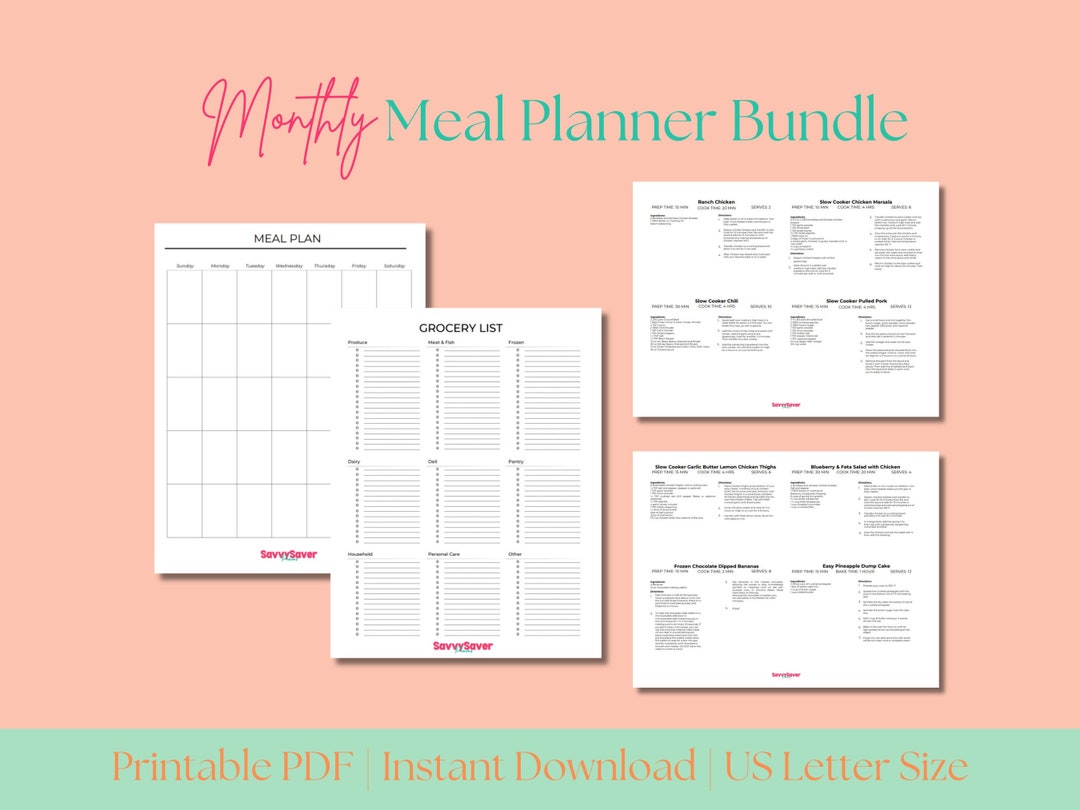 Monthly Meal Planner Bundle | Printable Calendar, Grocery List & Recipe ...