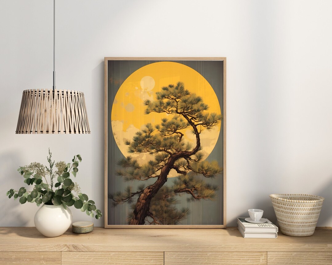 Japanese Pine Tree Branches Moon Poster Asian Botanical Landscape Art ...