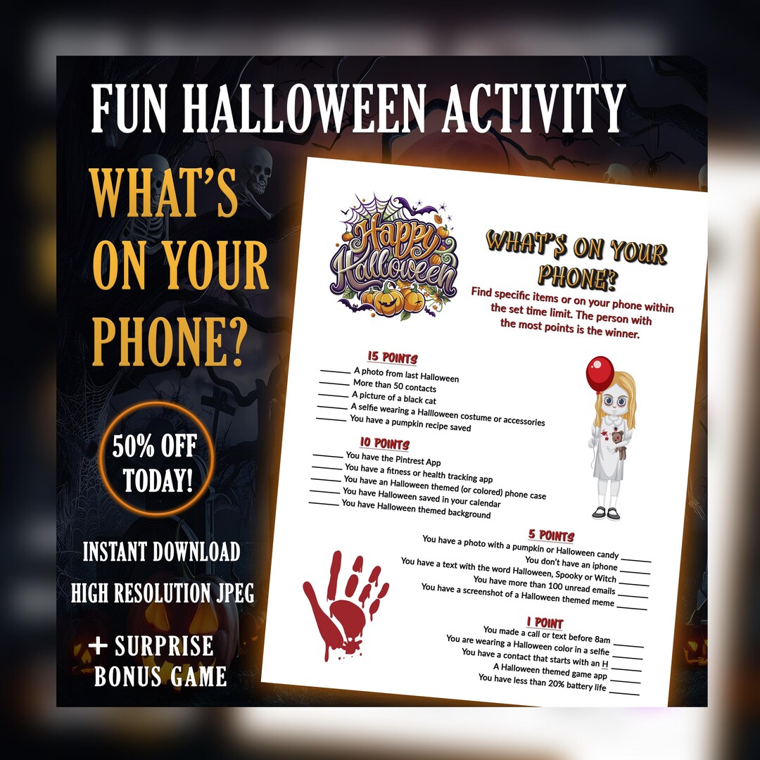 Halloween Phone Scavenger Hunt Game: Printable Party Activity (PDF ...