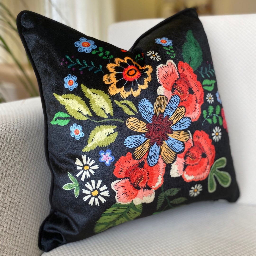 Floral Velvet Throw Pillow Cover, Flower Velvet Cushion With Piping ...