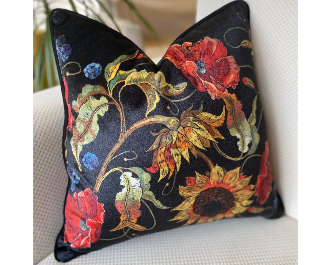 Black Flower Velvet Throw Pillow With Piping, Elegant Cushion Cover, Floral Throw Pillow, Custom ...