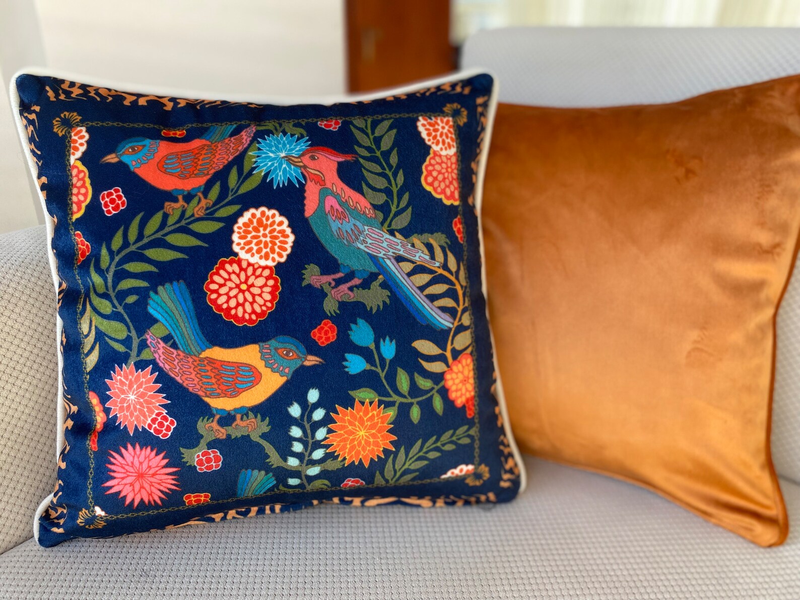 Navy Velvet Floral Bird Pattern Pillow Cover, Modern Decorative Throw ...