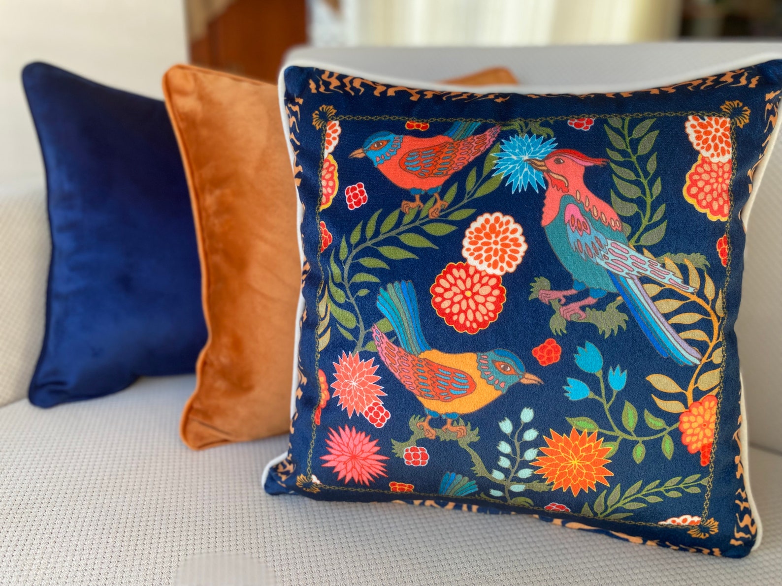 Navy Velvet Floral Bird Pattern Pillow Cover, Modern Decorative Throw ...