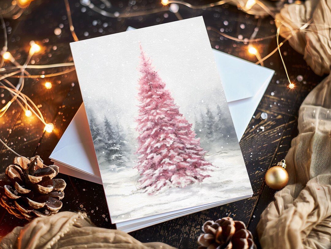 Personalized Christmas Card Set: Pink Winter Wonderland, Watercolor ...