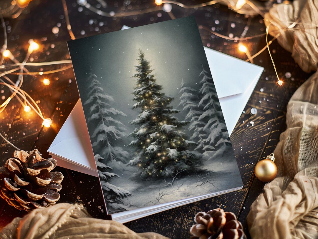 Watercolor Christmas Card Set: Moody Winter Tree, Personalized Holiday ...